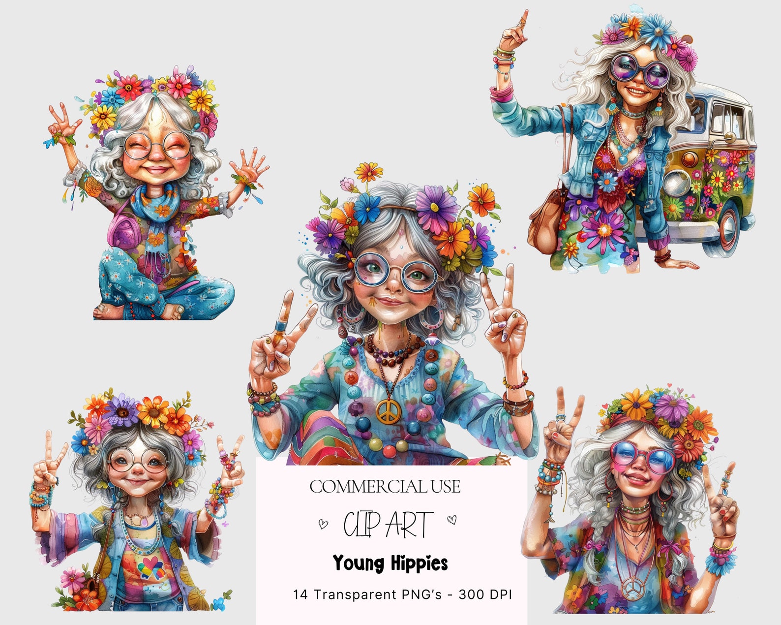 Hippie Girls Clipart Bundle, Digital Download, Boho Peace Van, Hippie ...