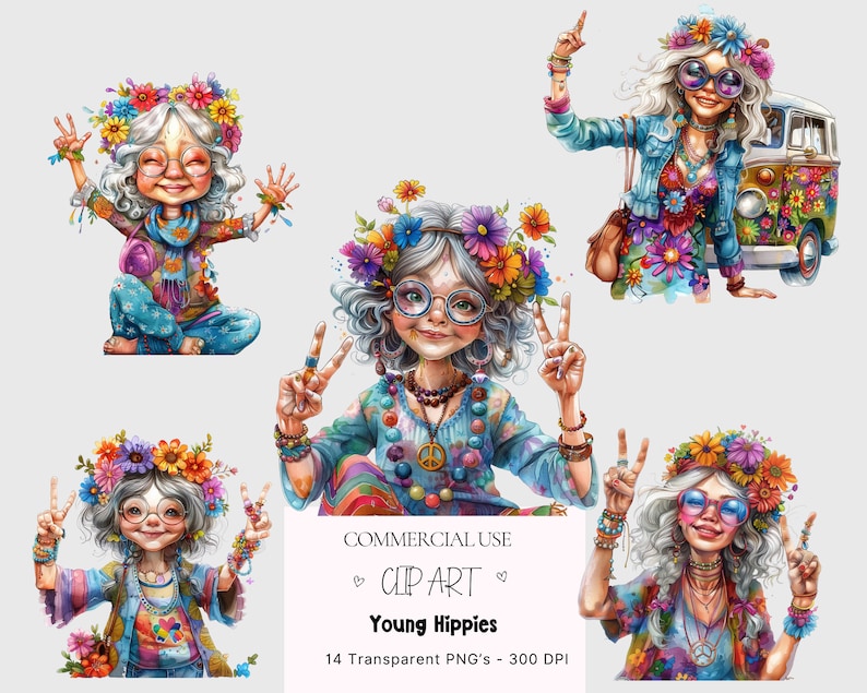Hippie Girls Clipart Bundle, Digital Download, Boho Peace Van, Hippie ...