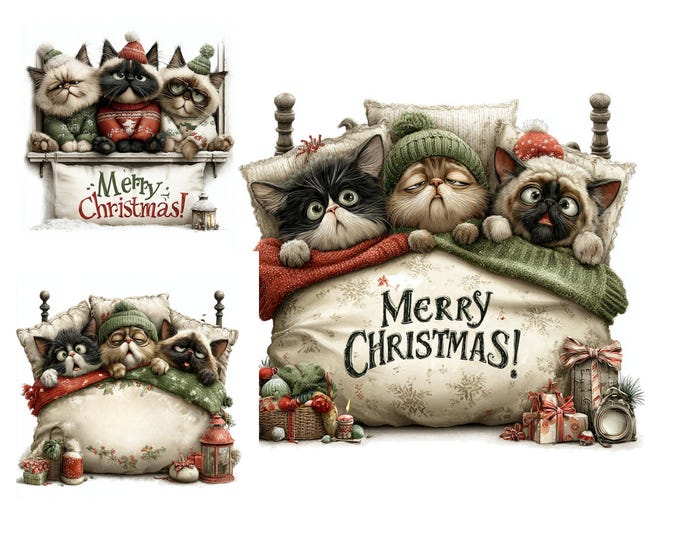 Quirky Christmas Cats Clip Art 12 High Res Watercolour Jpgs Junk ...