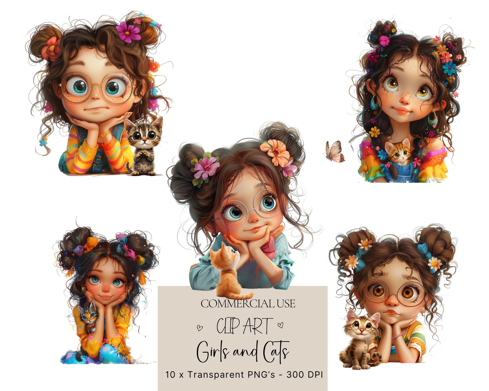 Quirky Girls and Cats Clipart Bundle Whimsical Girls Clipart Quirky ...