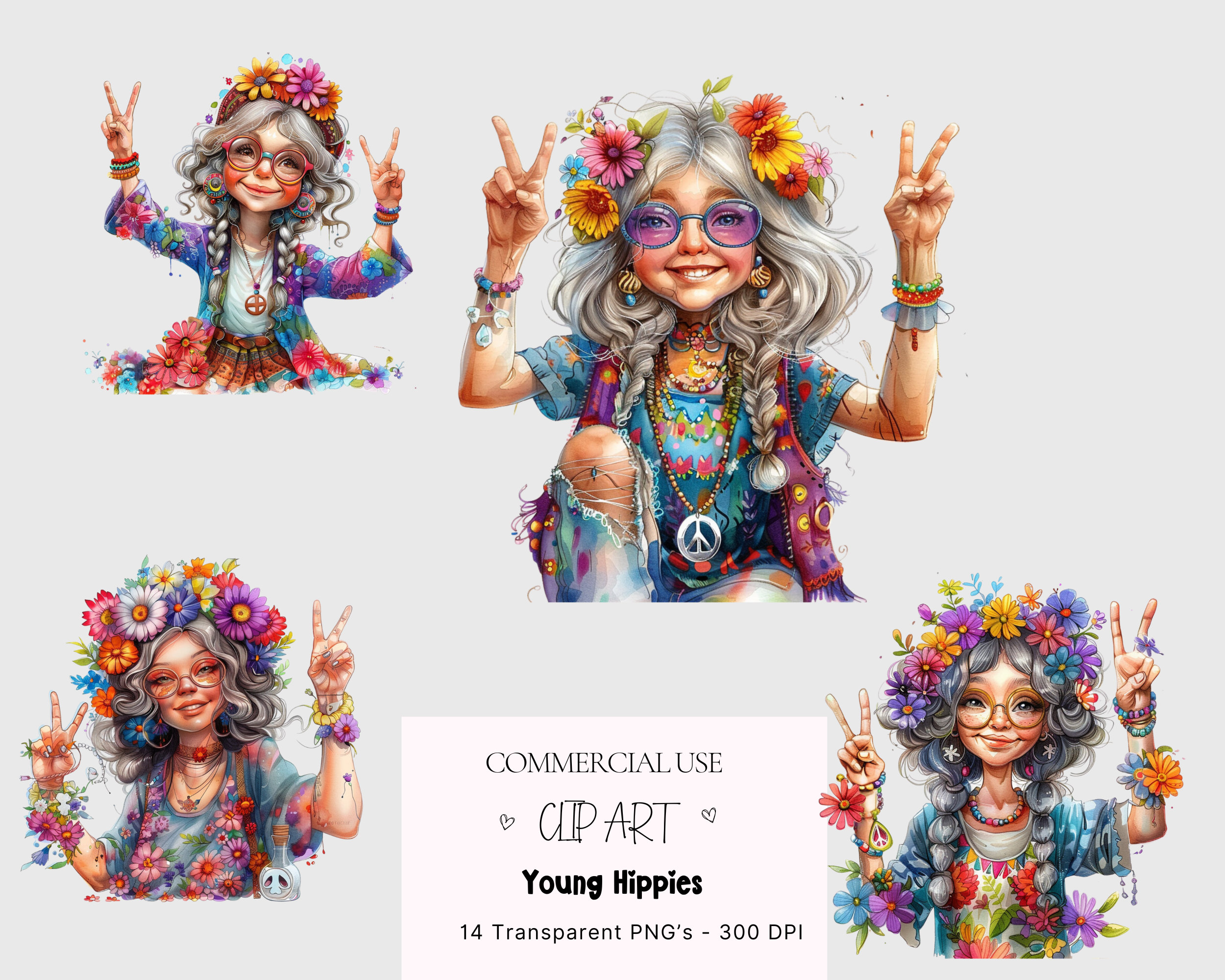 Hippie Girls Clipart Bundle, Digital Download, Boho Peace Van, Hippie ...