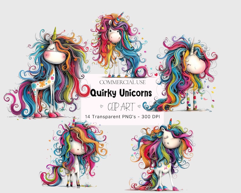 Cute Unicorn Clipart Bundle, Rainbow Unicorn Clipart, Whimsical Unicorn ...