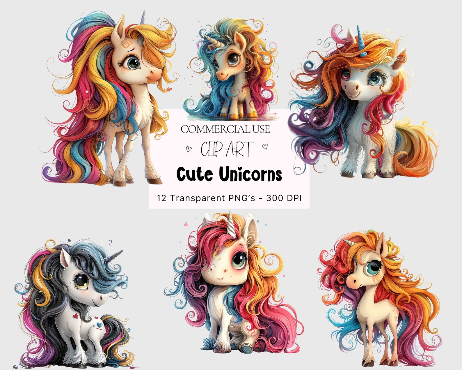 Cute Unicorn Clipart Bundle, Rainbow Unicorn Clipart, Whimsical Unicorn ...
