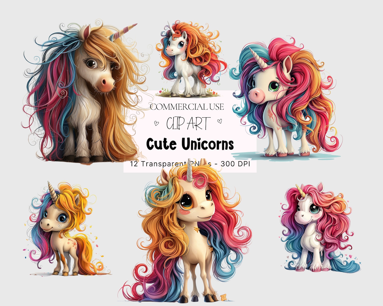 Cute Unicorn Clipart Bundle, Rainbow Unicorn Clipart, Whimsical Unicorn ...
