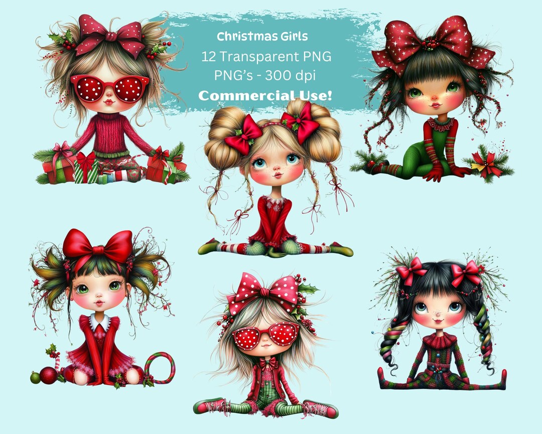 Christmas Girls Clipart Bundle, Cute Christmas Girls Clipart Quirky ...