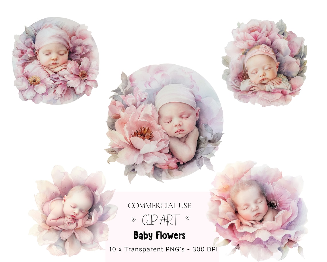 10 Baby in Flowers Clipart, Baby Shower Clipart, Printable Watercolour ...