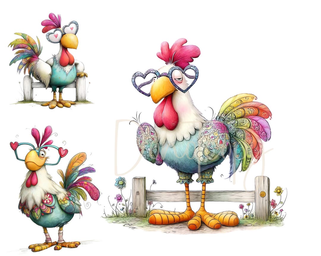 Funny Chickens Clipart Bundle, Quirky Chickens Clipart 15 Watercolour ...