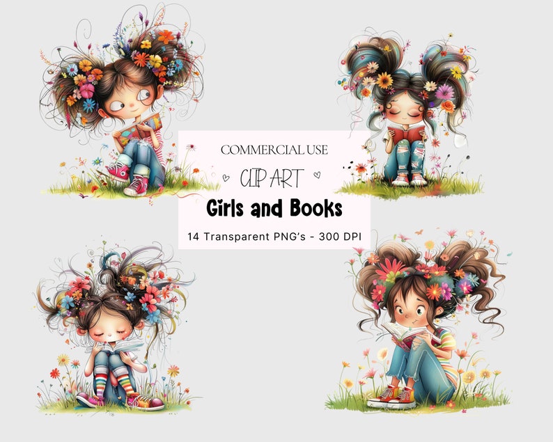 Quirky Girls and Books Clipart Bundle Whimsical Girls Clipart Quirky ...