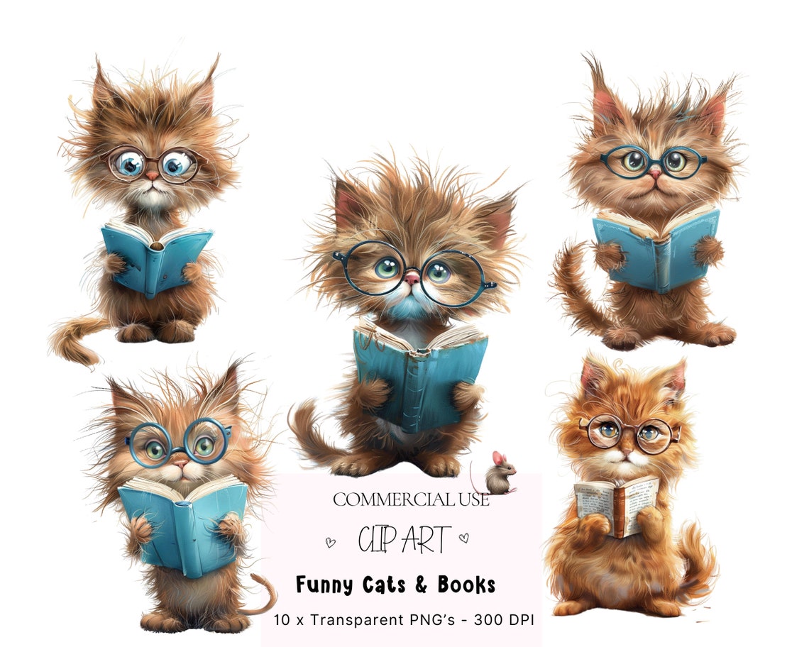 10 Funny and Cute Cat Clipart PNG Bundle Quirky Animals Clip Art ...