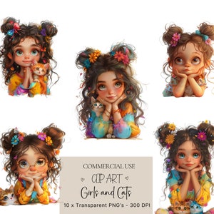 Quirky Girls and Cats Clipart Bundle Whimsical Girls Clipart Quirky ...