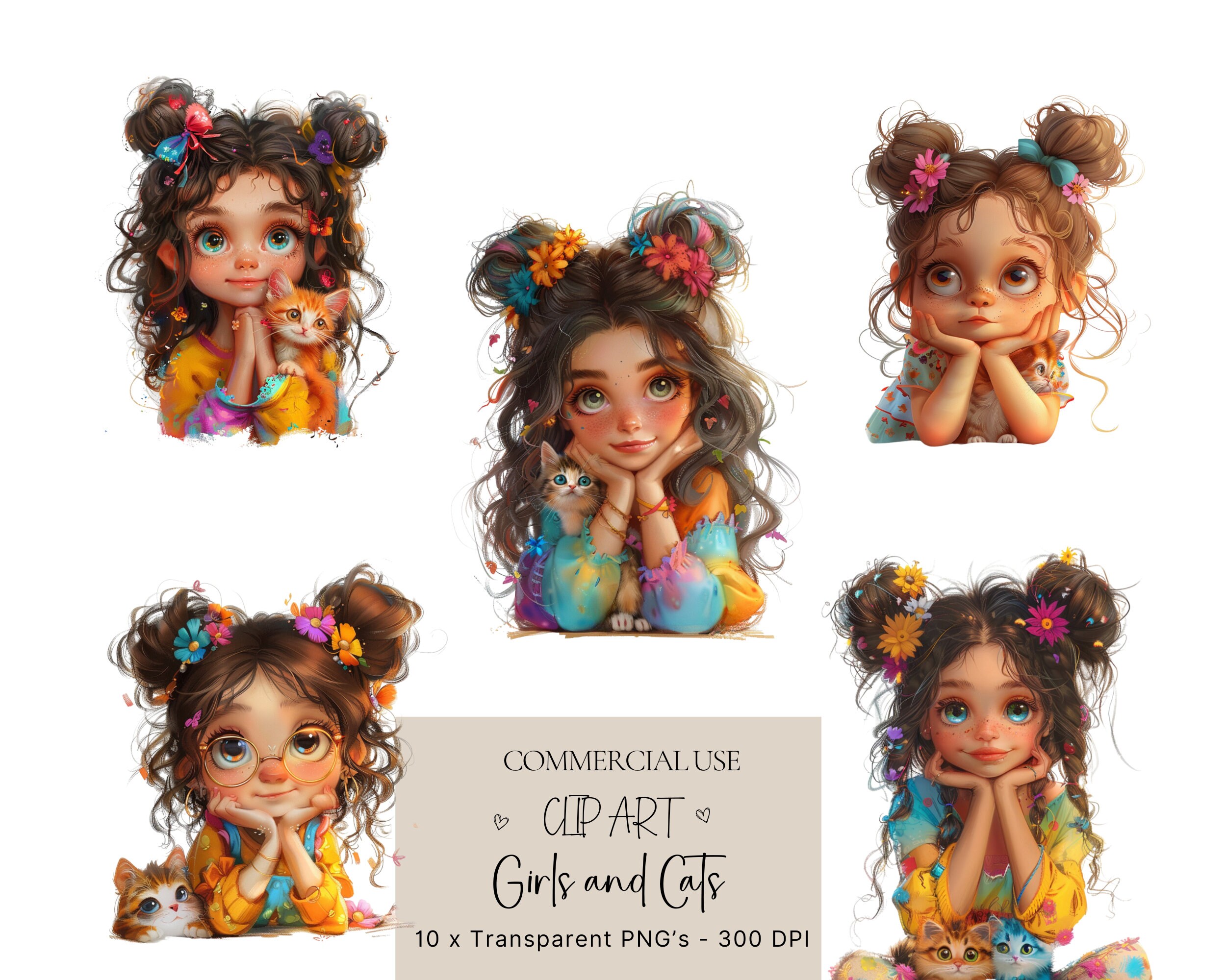 Quirky Girls and Cats Clipart Bundle Whimsical Girls Clipart Quirky ...