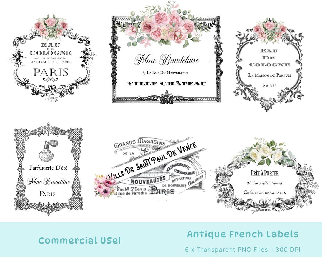 6 X Vintage French Labels PNG, Labels, Junk Journals, Fussy Cuts ...