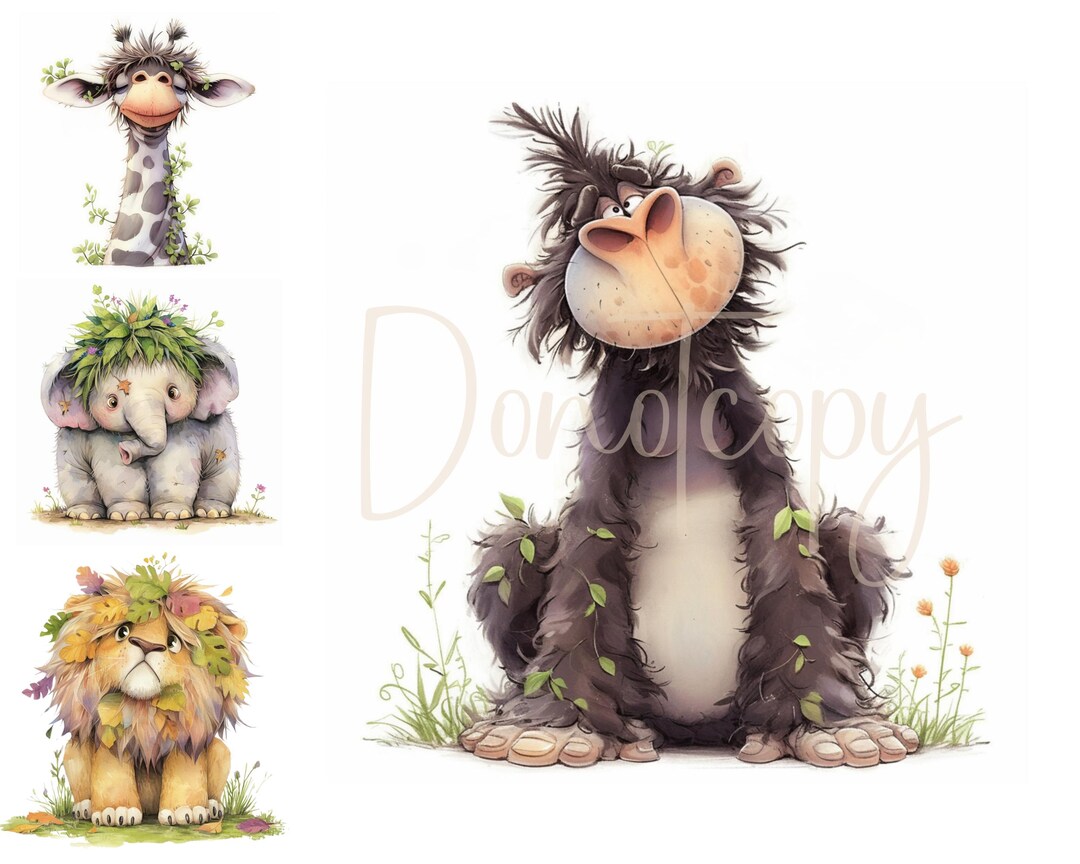 Quirky Safari Animals Clipart Lion, Elephant Whimsical Ephemera ...