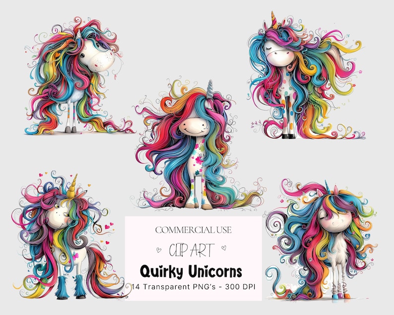 Cute Unicorn Clipart Bundle, Rainbow Unicorn Clipart, Whimsical Unicorn ...