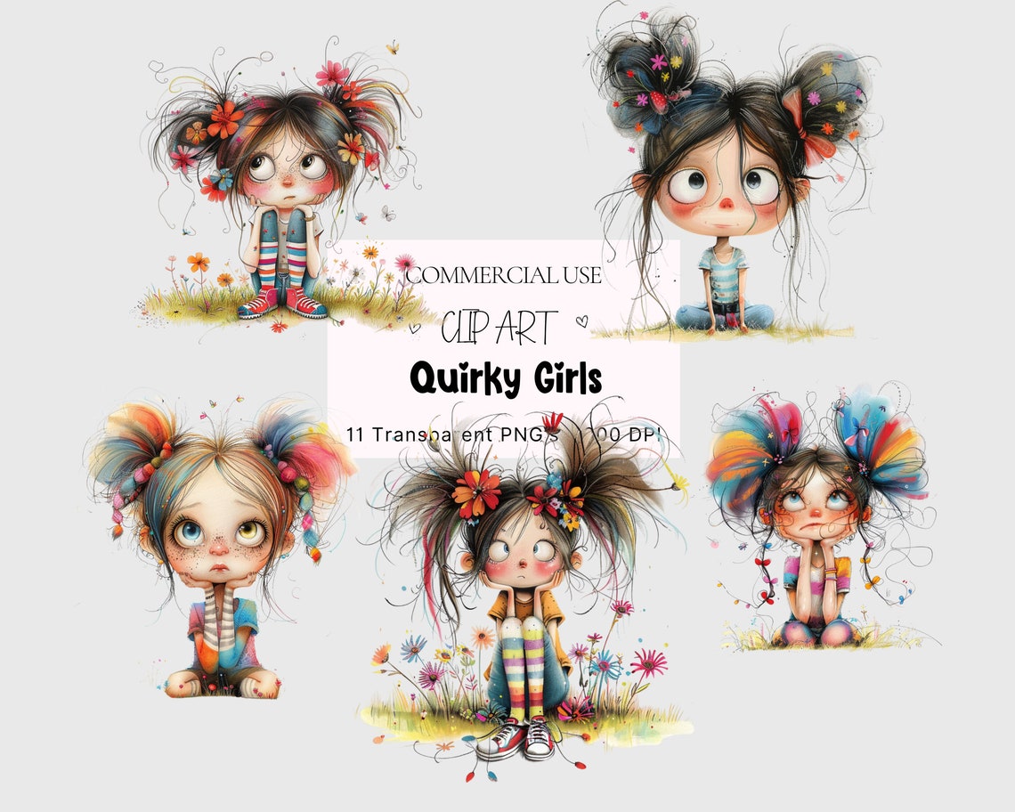 Quirky Girls Clipart Bundle, Whimsical Girls Clipart Quirky Girls PNG ...