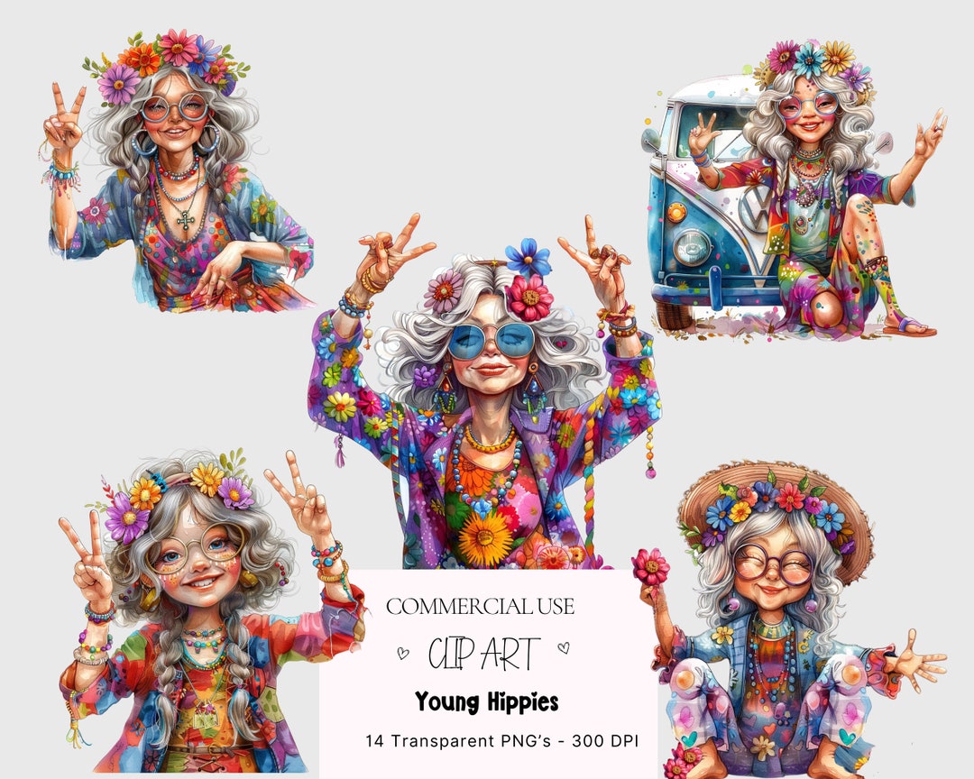 Hippie Girls Clipart Bundle, Digital Download, Boho Peace Van, Hippie ...