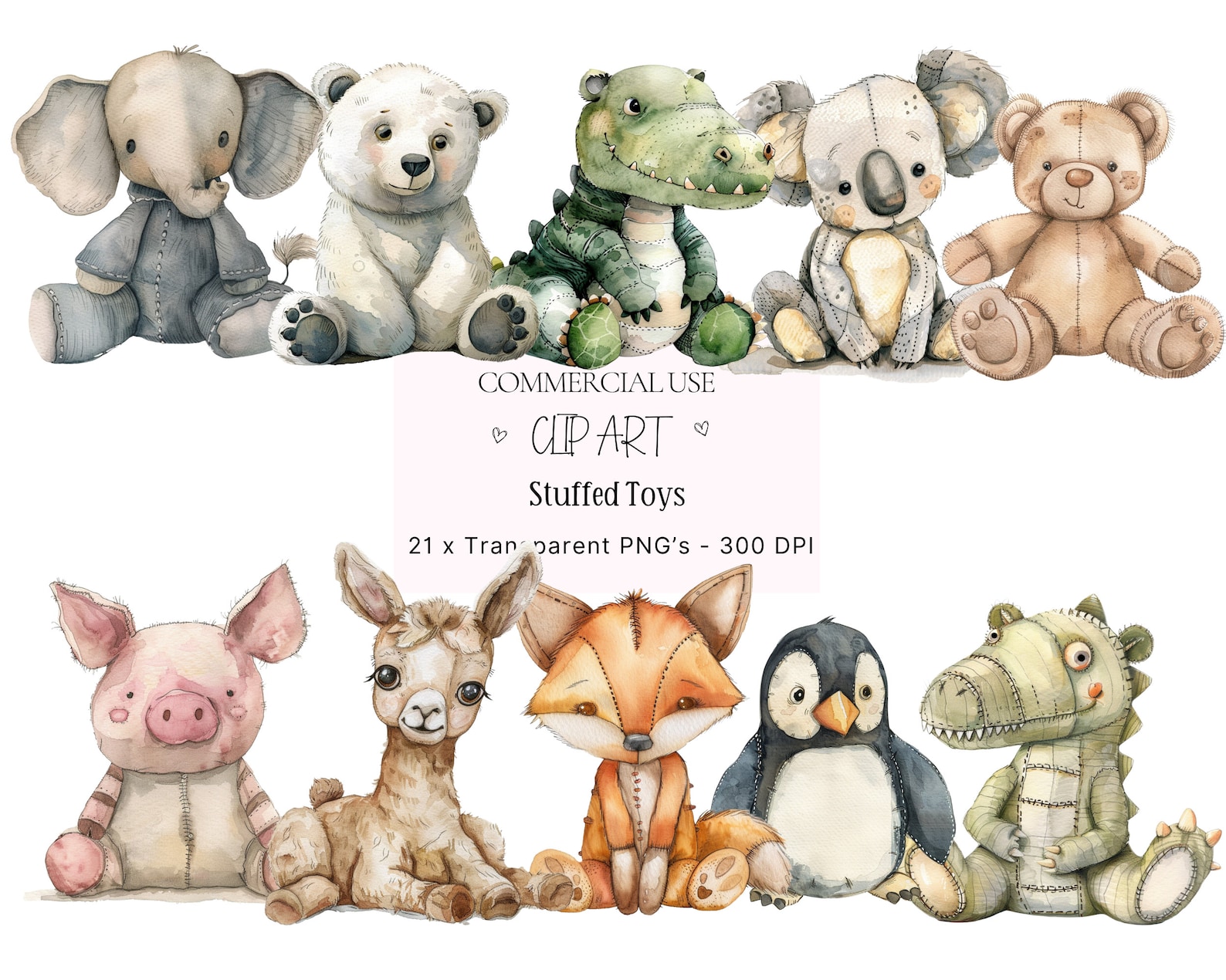Watercolor Stuffed Animal Clipart Bundle, Vintage Nursery PNG ...