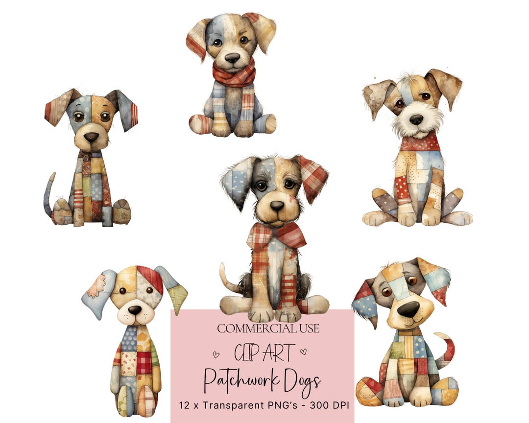 Patchwork Dog Clipart, Dogs Clipart, Plush Dogs Printable Watercolour ...