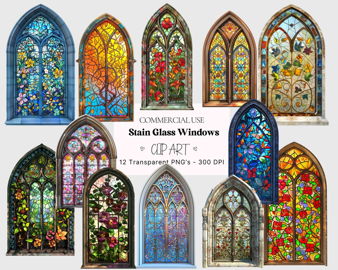 Stained Glass Windows Clipart, Colourful Vintage Window With Flowers ...