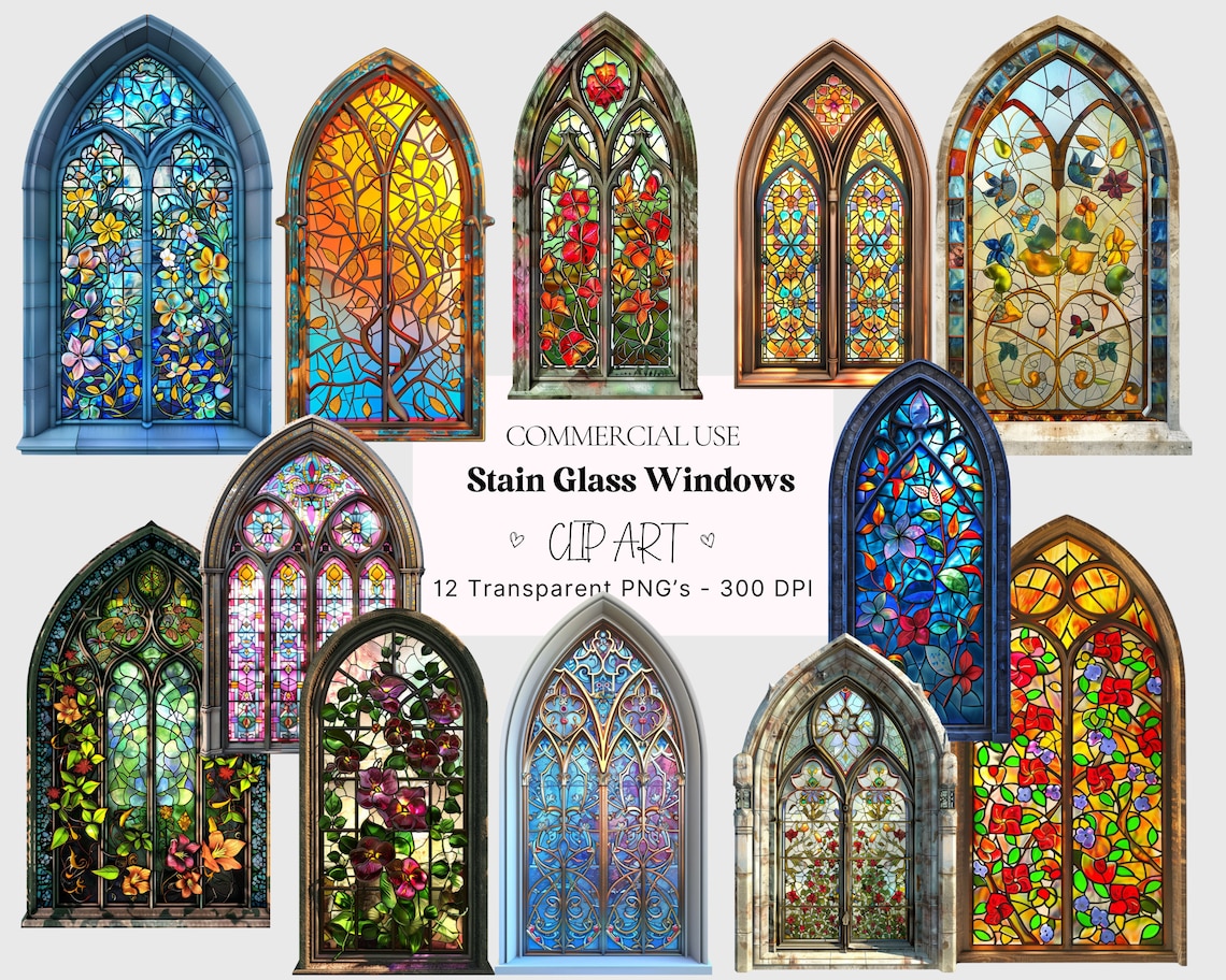 Stained Glass Windows Clipart, Colourful Vintage Window With Flowers ...