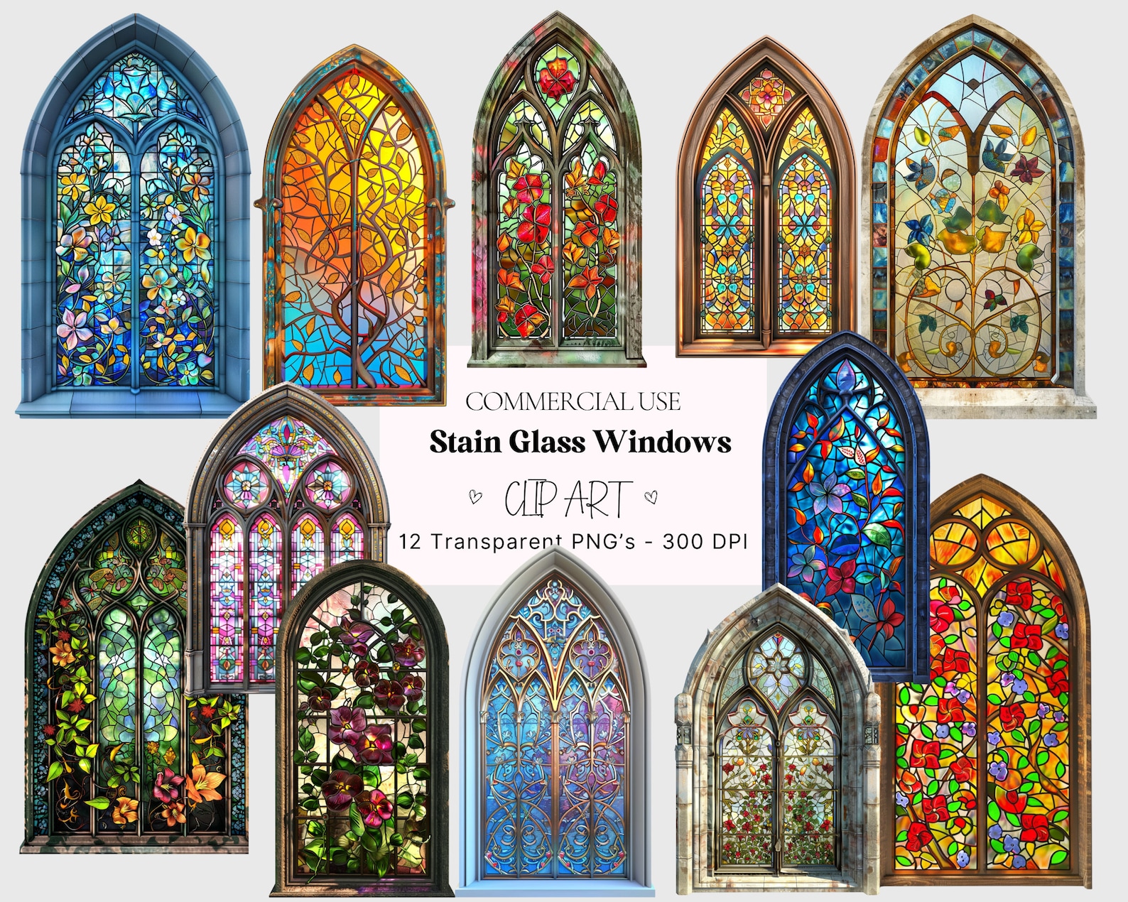 Stained Glass Windows Clipart, Colourful Vintage Window With Flowers ...