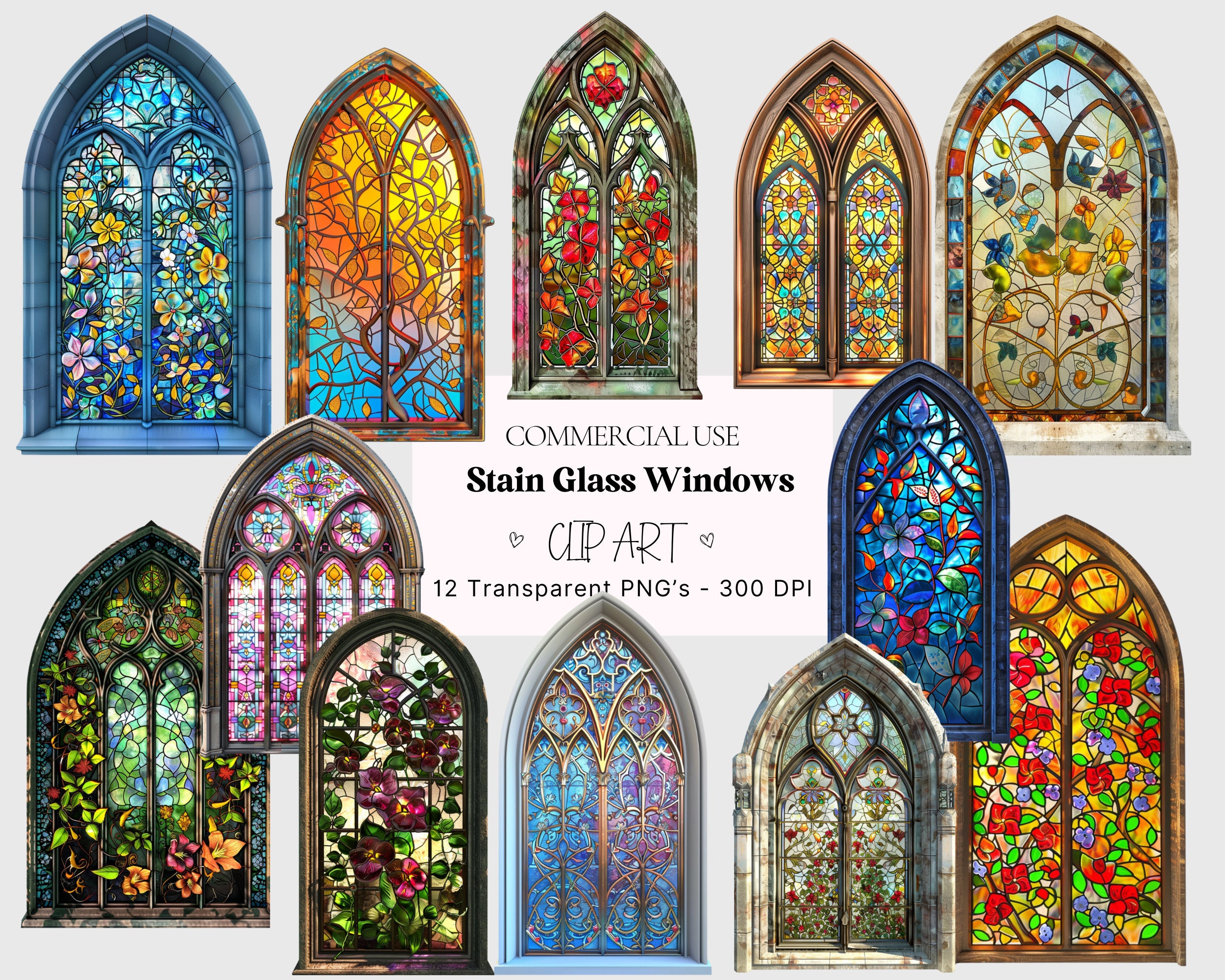 Stained Glass Windows Clipart, Colourful Vintage Window With Flowers ...