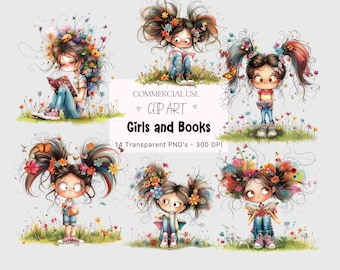 Quirky Girls and Books Clipart Bundle Whimsical Girls Clipart Quirky ...