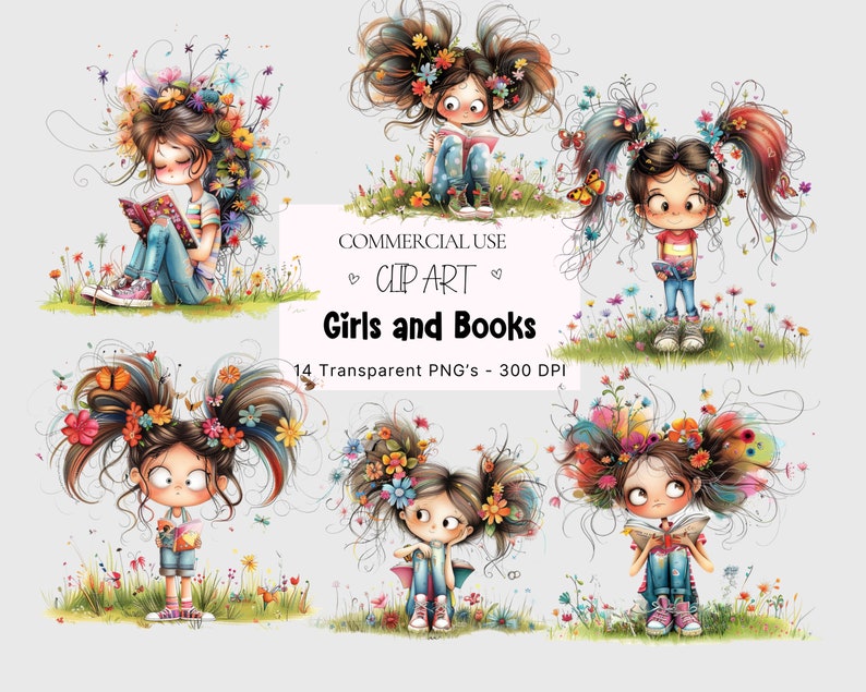 Quirky Girls and Books Clipart Bundle Whimsical Girls Clipart Quirky ...