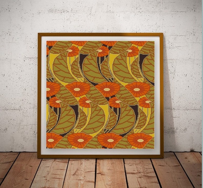 Orange and Blue Flower Wave Rene Beauclair Art Nouveau Cross Stitch ...