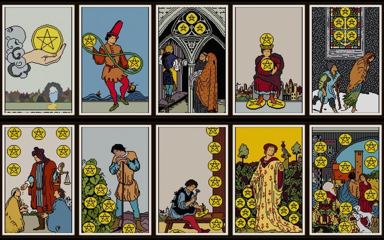 Set of 14 Suit of Pentacles tarot cross stitch pattern PDFs | Etsy