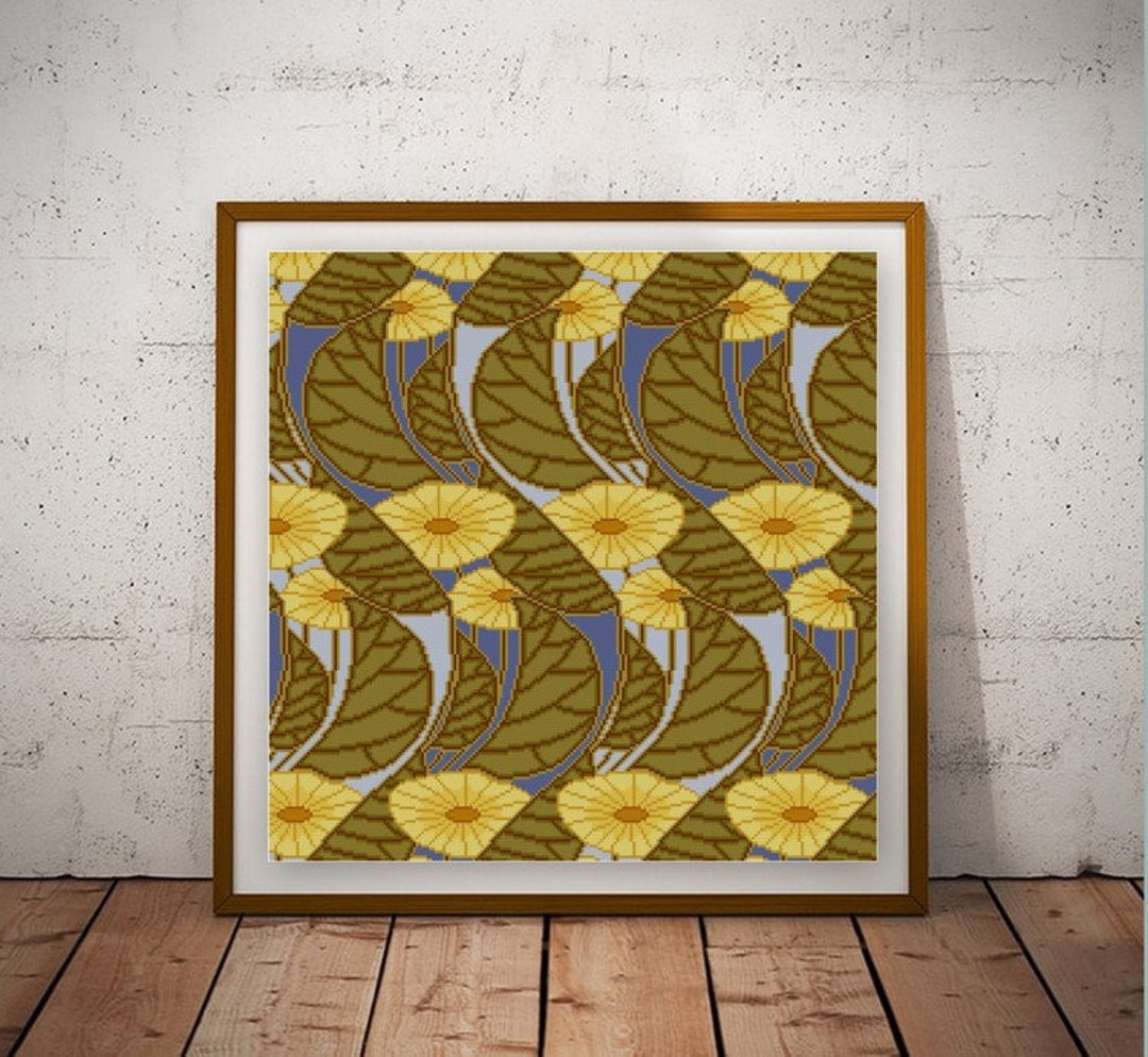 Orange and Blue Flower Wave Rene Beauclair Art Nouveau Cross Stitch ...