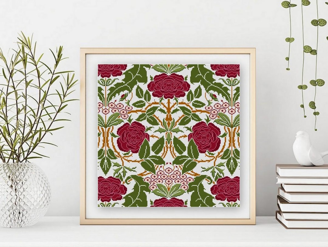 Large Red Cabbage Roses Cross Stitch Pattern, Square Floral Charted ...
