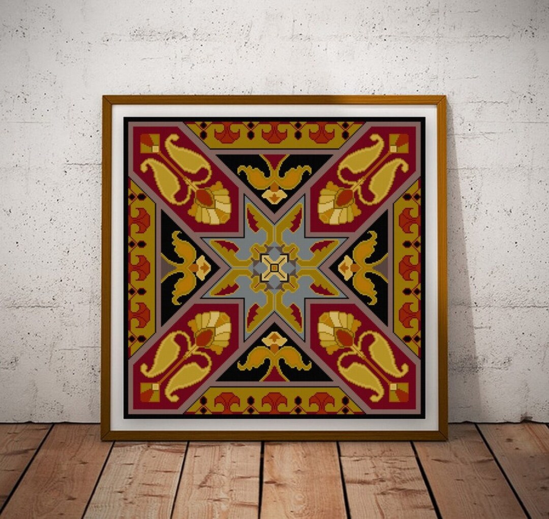 Red and Gold Square Cross Stitch Pattern PDF Antique Design Pillow ...