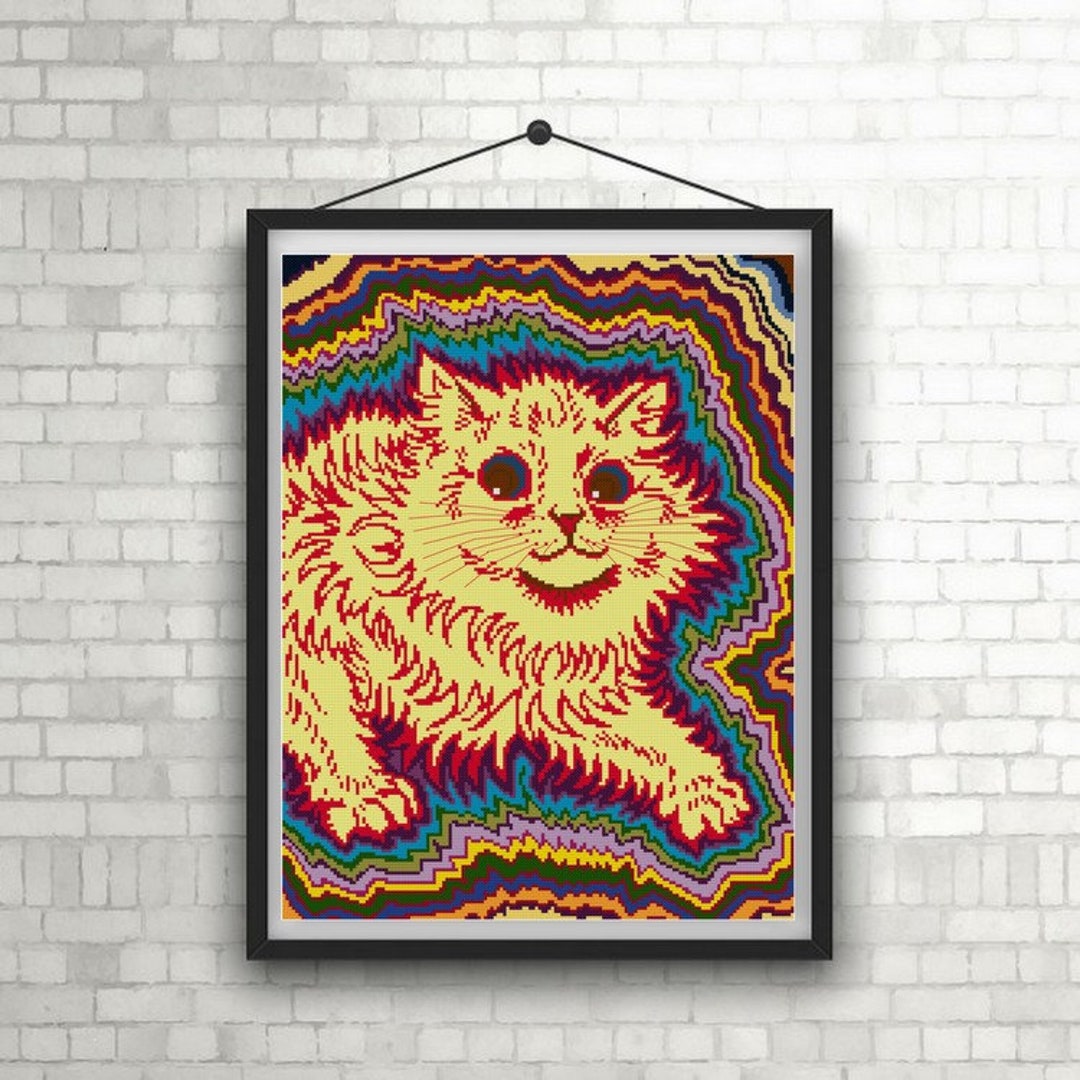 Louis Wain Yellow Cat Cross Stitch Pattern PDF Kaleidoscopic Colors - Etsy