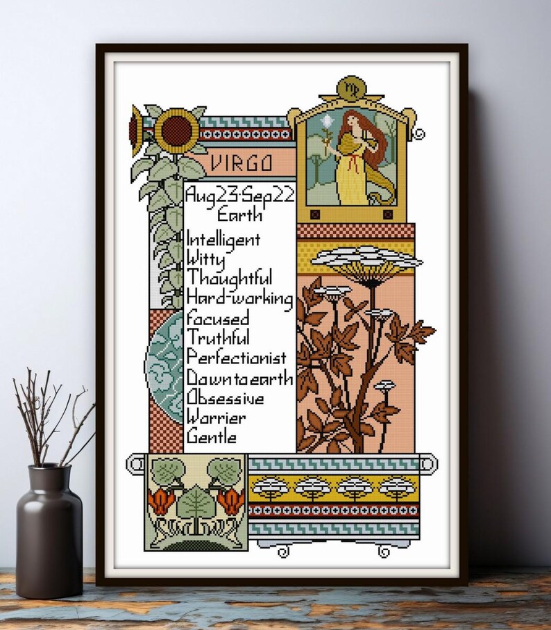 Virgo Zodiac Sign Cross Stitch Pattern PDF Astrology Sun Sign Birthday ...