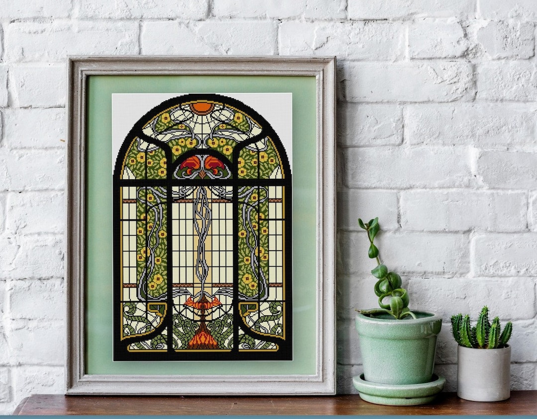 Stained Glass No. 3 Yellow Flowers Stained Glass Cross Stitch Pattern ...