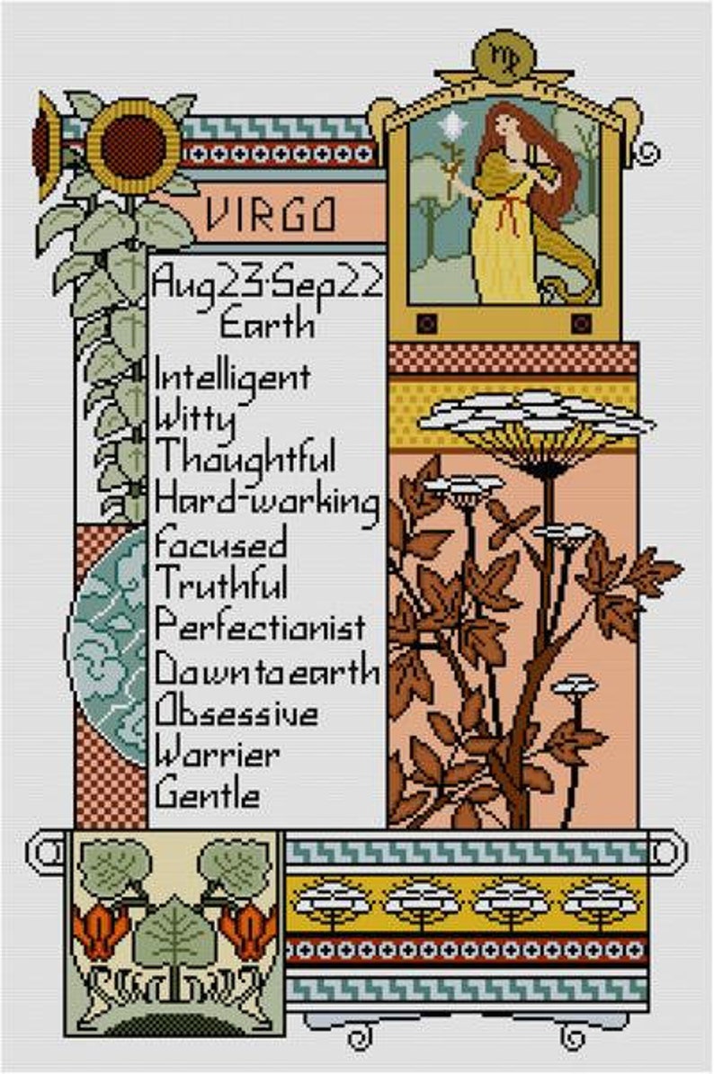 Virgo Zodiac Sign Cross Stitch Pattern PDF Astrology Sun Sign Birthday ...