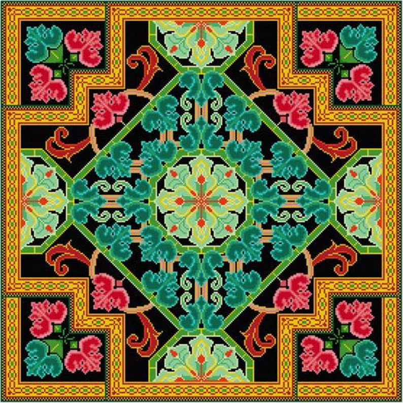 Large Medallion Square Cross Stitch Pattern Pdf Greens Reds | Etsy