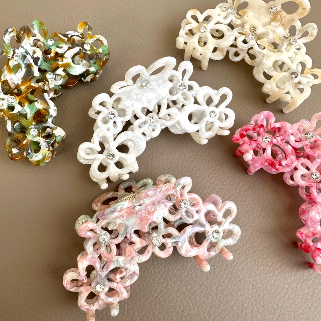 Luxury Flower Acetate Hair Claw Clip – Rhinestone Studded, Hollow ...