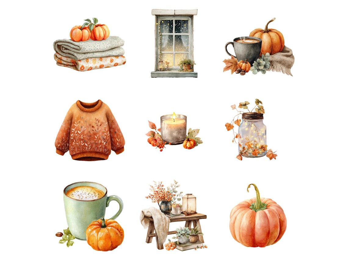 Mini Cozy Autumn Watercolor Clipart Set Hygge Fall Minimalist Pumpkin ...