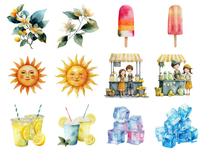 Lemonade Stand Summer Clipart Set Watercolor Kids Party Decor Lemon PNG ...