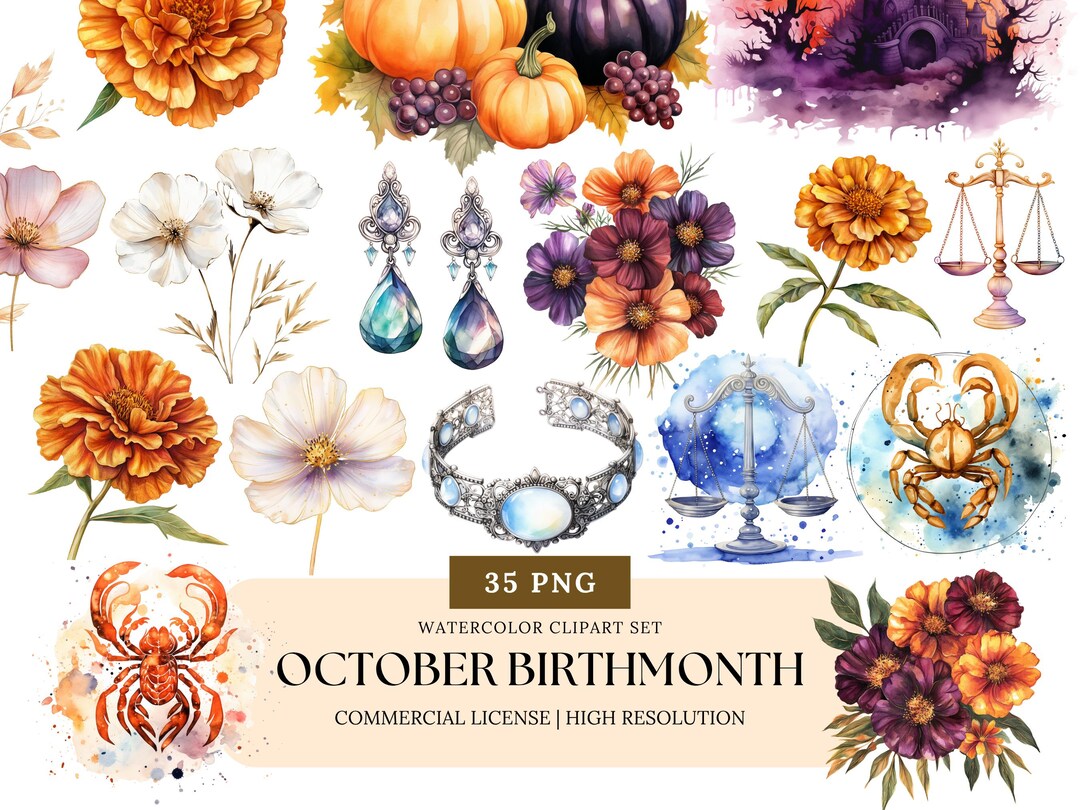 October Birth Month Clipart Watercolor Opal Marigold Cosmos Libra ...