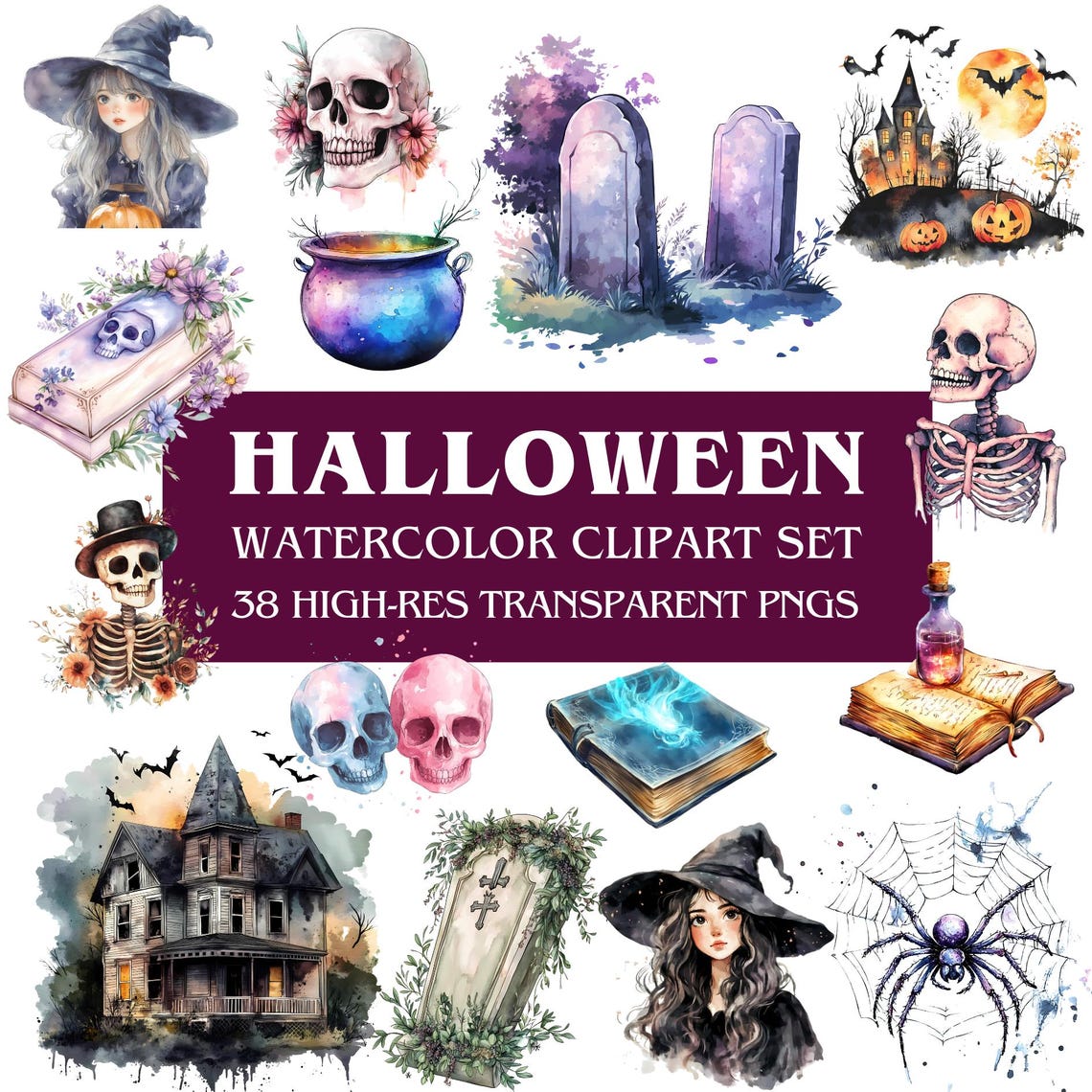 Spooky Halloween Watercolor Clipart Set, 38 Cute Cliparts, Witch Spell ...