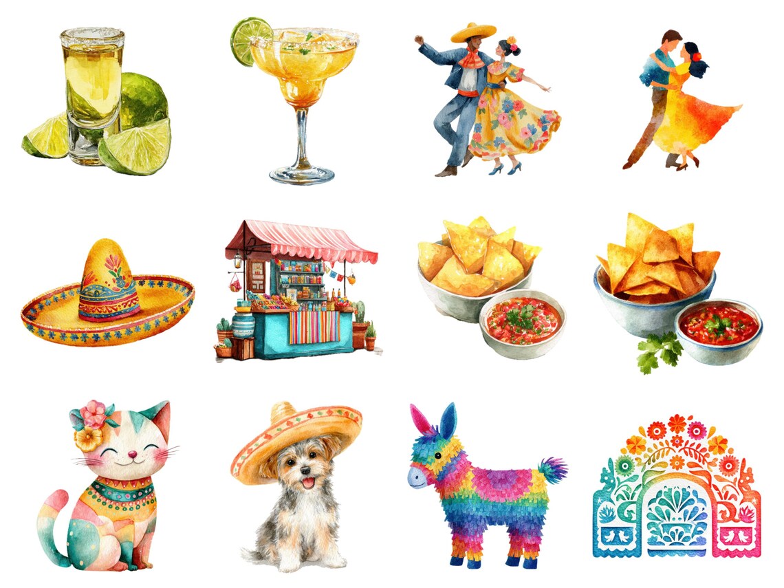 Cinco De Mayo Fiesta Watercolor Clipart | Mexican Party Decor, Food ...