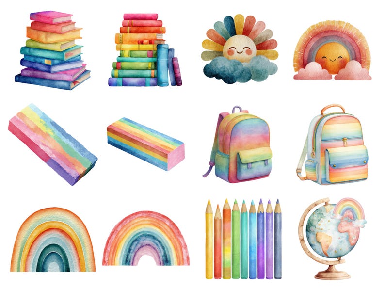 Rainbow Classroom Decor Clipart Set Watercolor Teacher School Bulletin ...