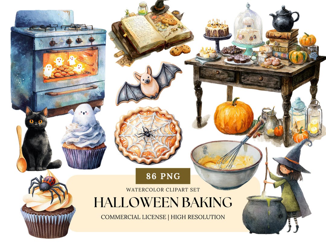 Halloween Baking Clipart Watercolor Cute Cookies Cupcakes Ghost Witch ...