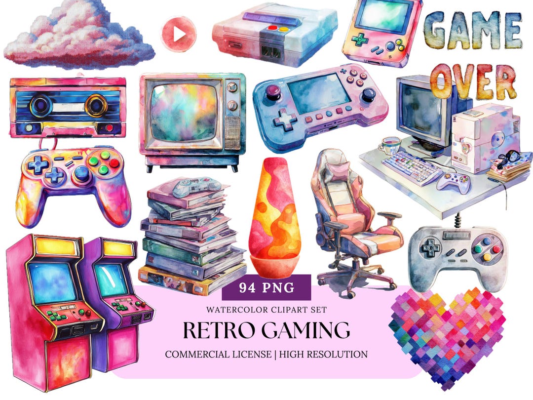 Retro Gaming Clipart Watercolor Video Game Controllers Arcade Game Boy ...