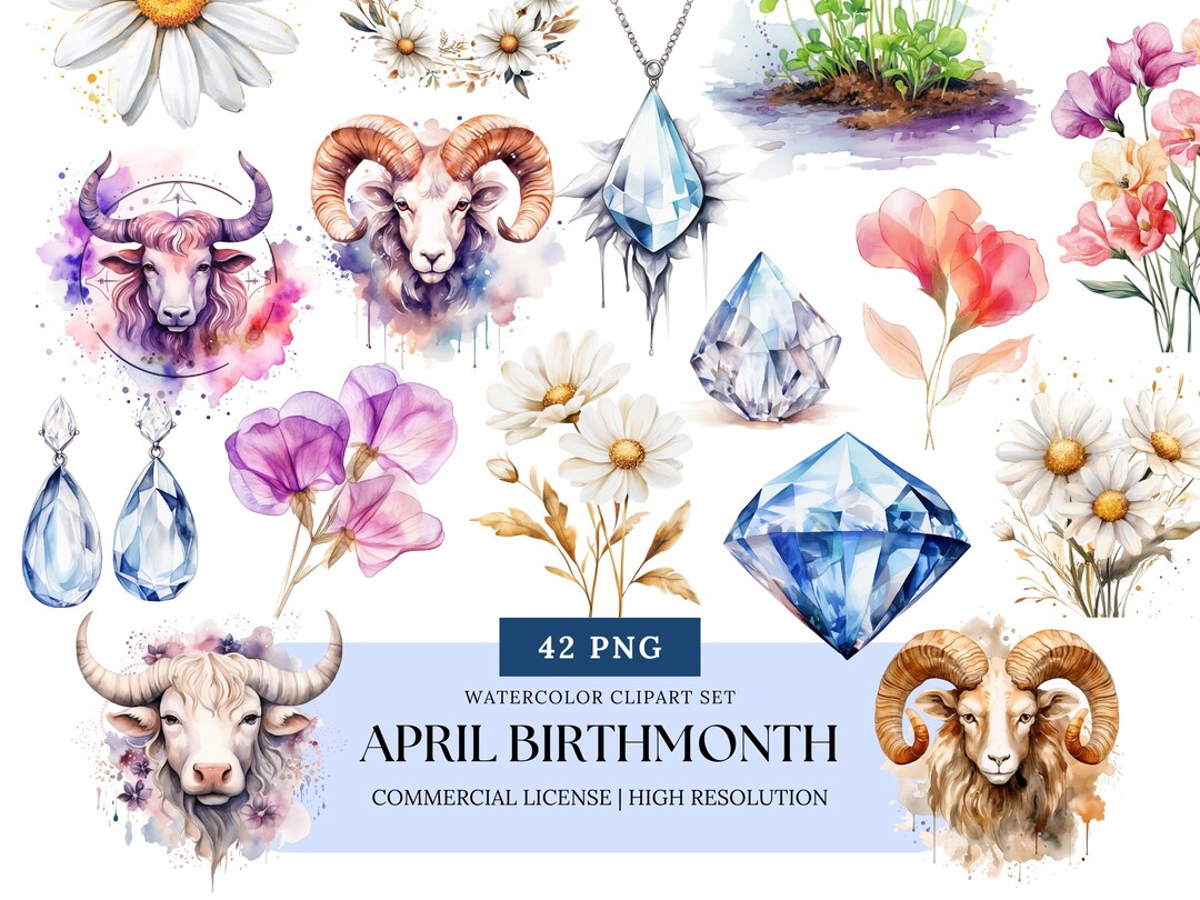 April Birth Month Clipart Watercolor Daisy Sweet Pea Diamond Aries ...