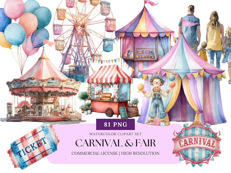 Carnival Fair Clipart Watercolor Carnival Clip Art Ferris Wheel Cotton ...