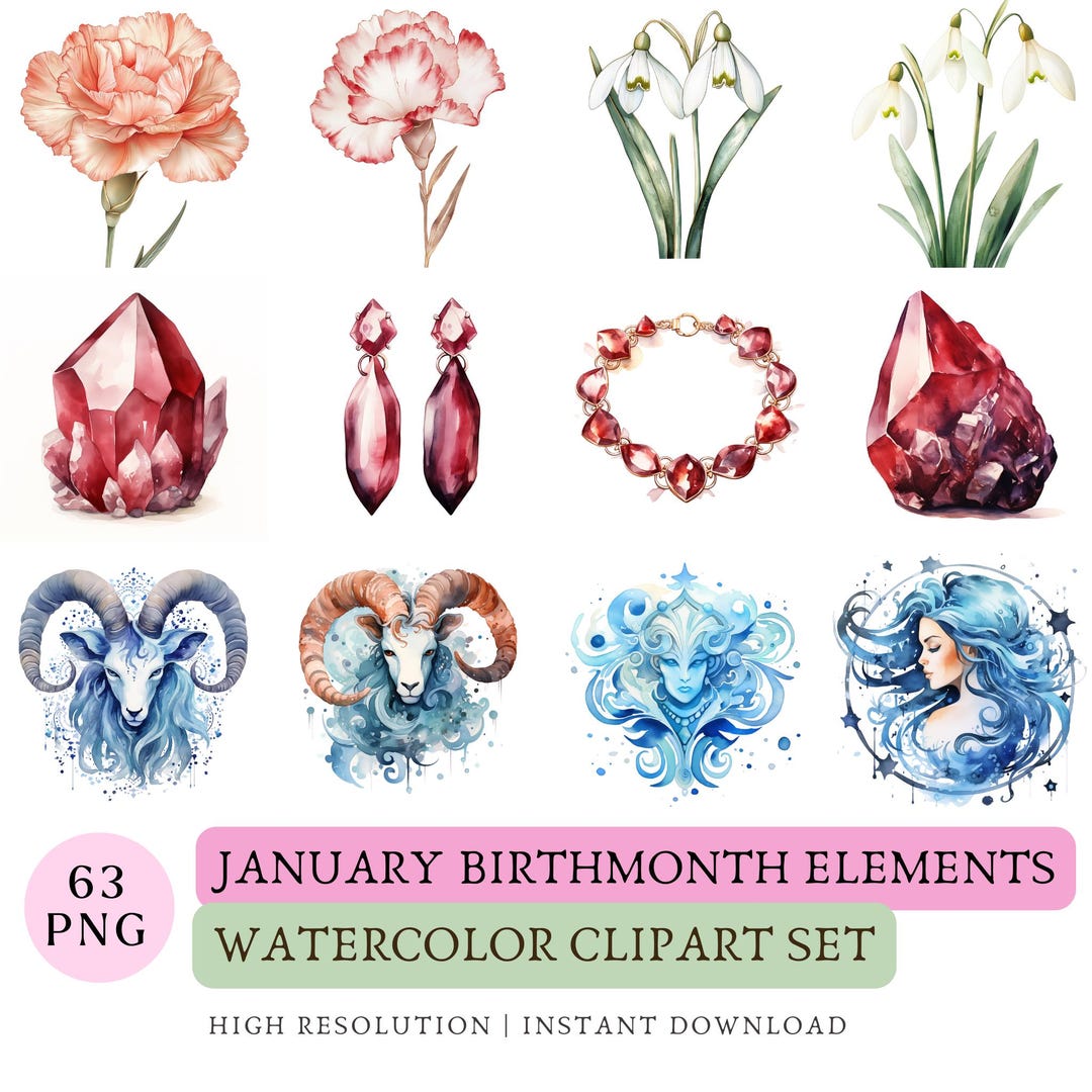 January Birth Month Clipart – Carnation, Garnet, Capricorn, Aquarius ...